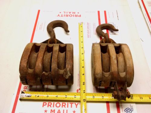 VINTAGE BARN PULLEY SET WOOD BODY METAL WHEELS AND HOOKS BID TO WIN NO ...