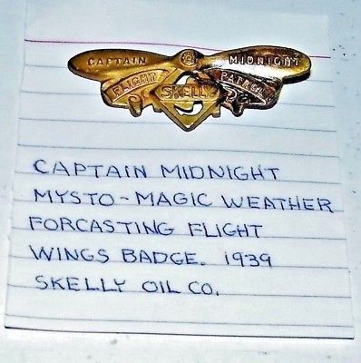 Vintage 1939 Captain Midnight Flight Patrol Wings Badge Pin Skelly Oil ...