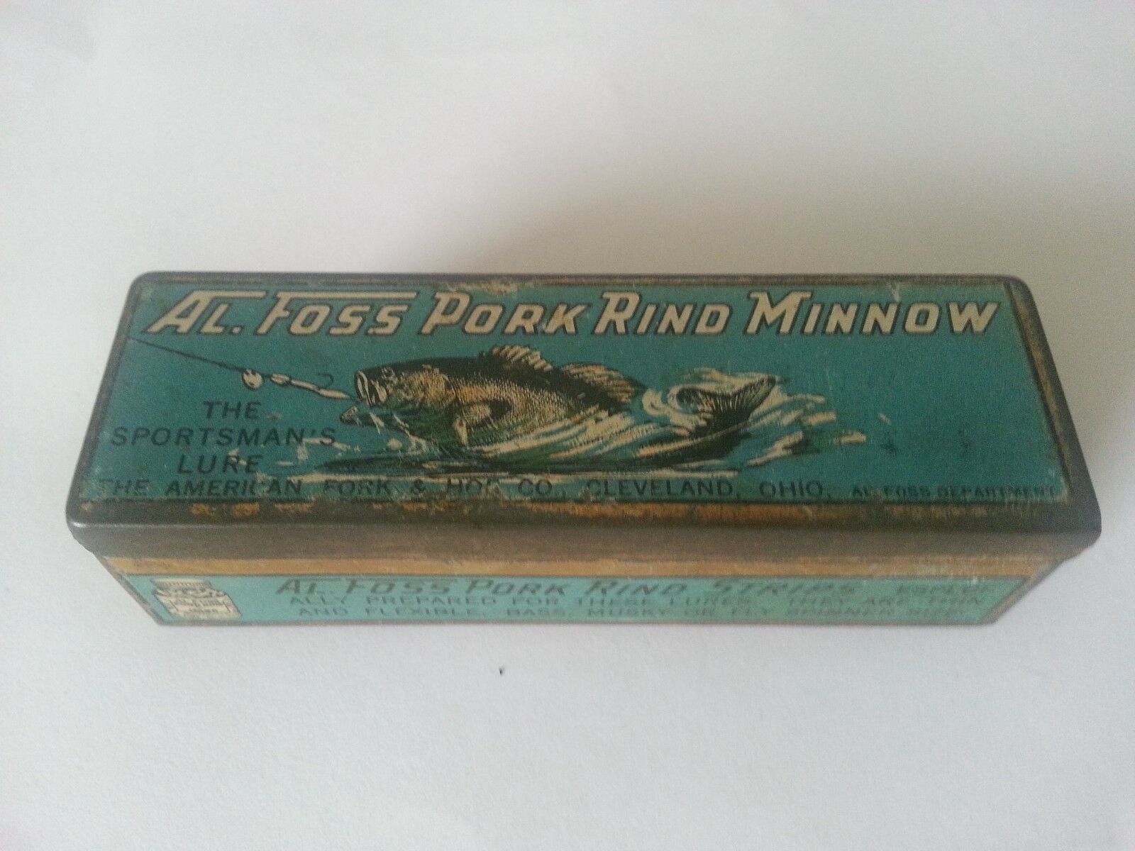 AL FOSS PORK RIND MINNOW ANTIQUE TIN BOX FISHING LURE BOX -- Antique ...
