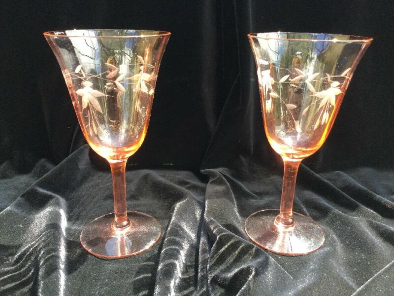 Set Of 2 Pink Depression Waterwine Stemware Glasses Etched With Leaves On Vine Antique Price