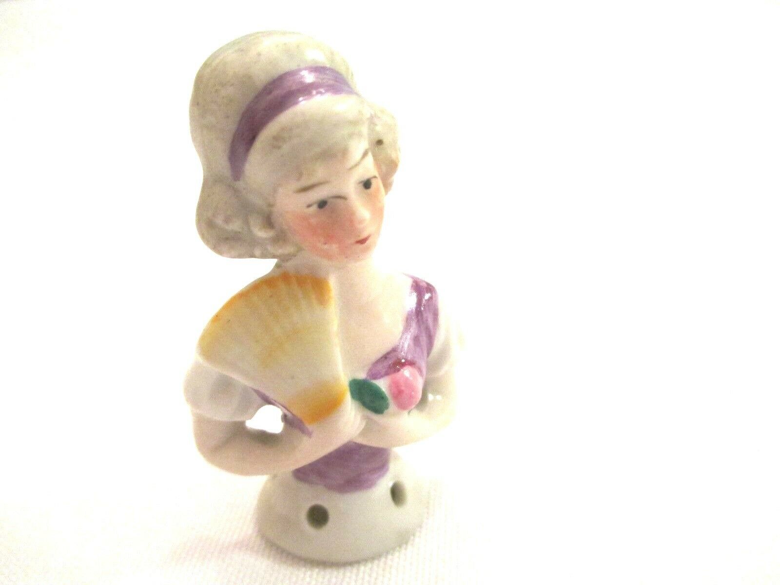 VINTAGE PORCELAIN PINCUSHION HALF DOLL WITH FAN 2 VINTAGE PORCELAIN PINCUSHION HALF DOLL WITH FAN 2