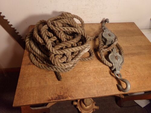 Vintage Block And Tackle with 40'' Rope Barnyard Pulleys Metal Hooks ...