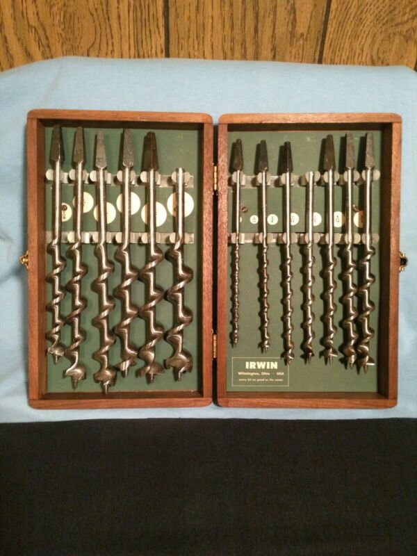 VINTAGE IRWIN 13 PIECE AUGER BIT SET WITH DOVETAILED WOOD CASE ...