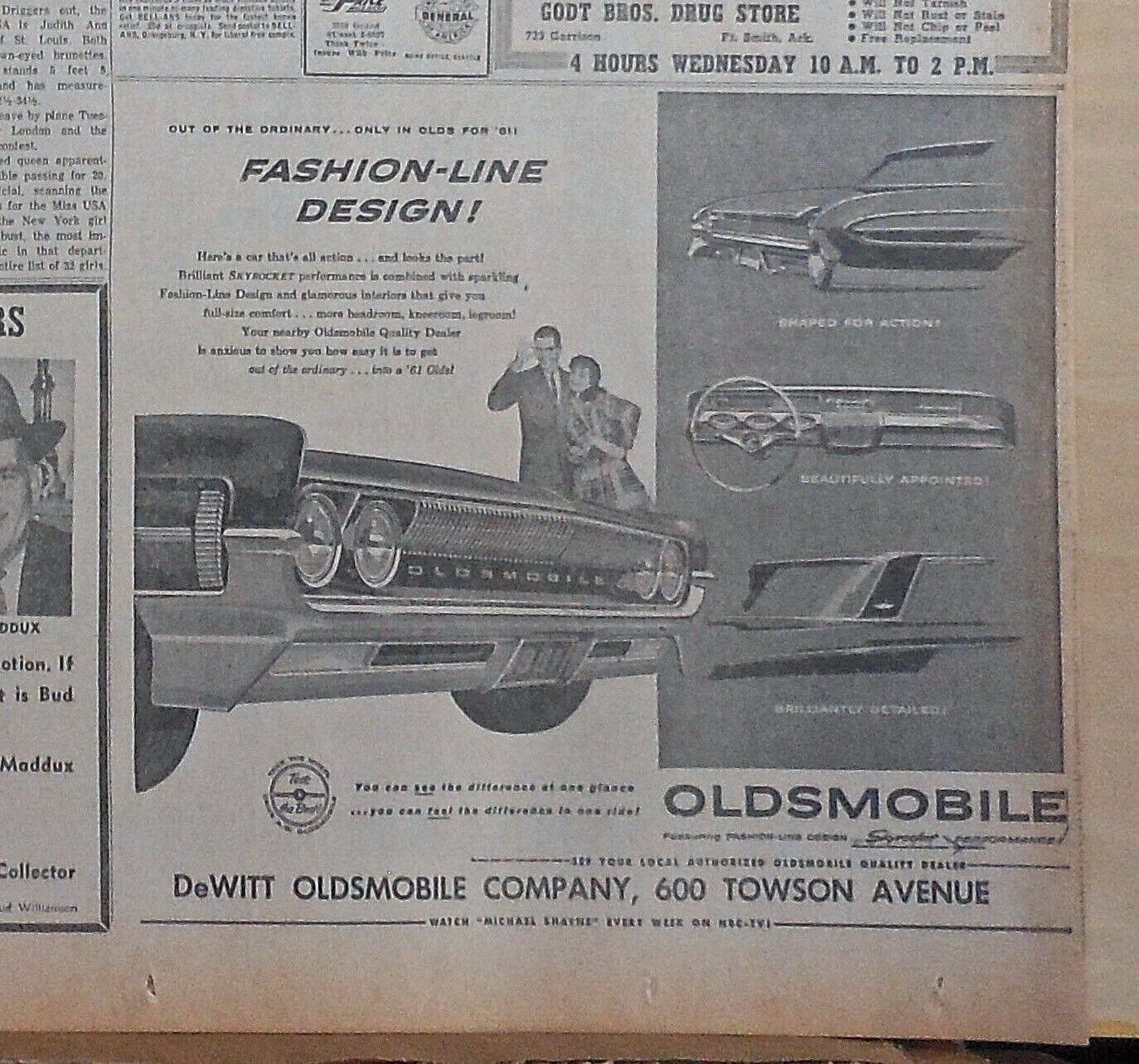 1960 newspaper ad for Oldsmobile - 1961 model, Fashion Line Design ...