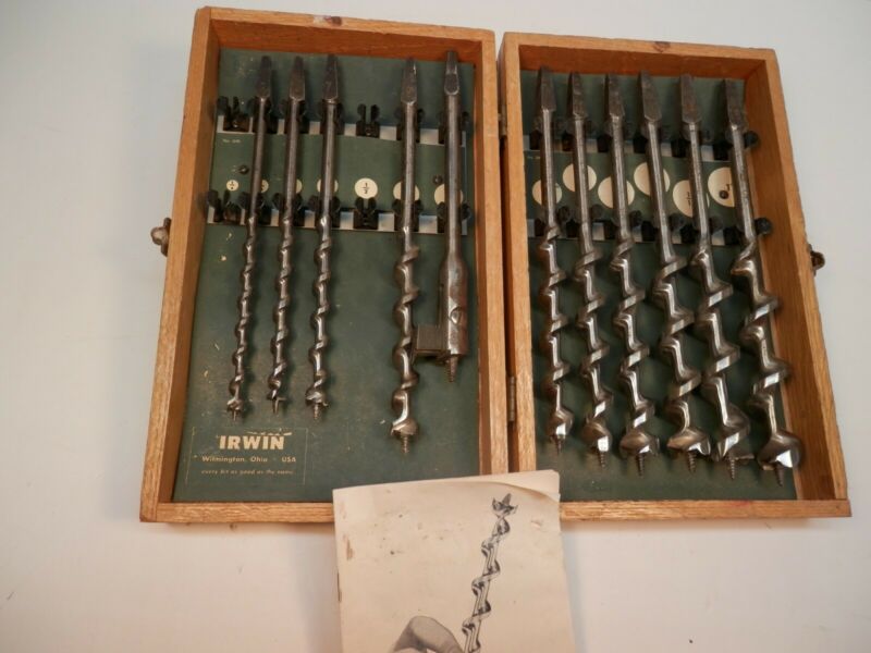VINTAGE Hand Brace Bit Set IRWIN Auger Hand Drill Bits Wood Box Set of ...