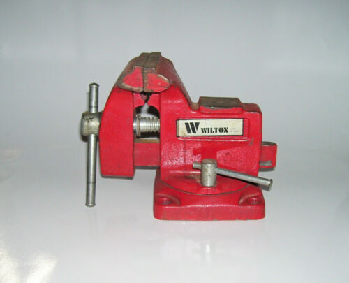 VINTAGE WILTON RED BENCH SHOP ANVIL VISE W/ SWIVEL BASE ..3 1/2" JAWS ...