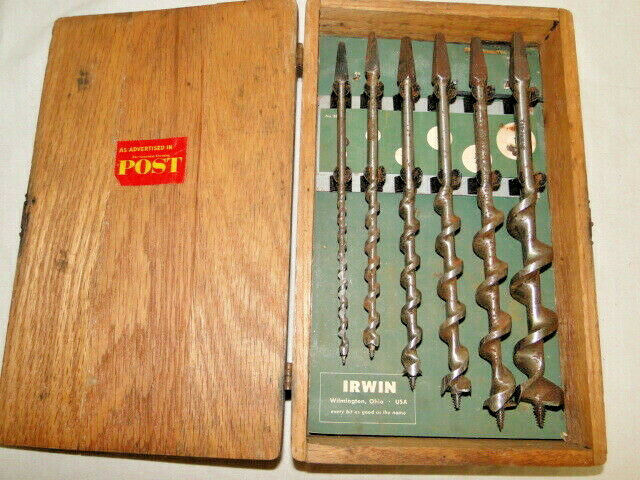 Vintage Irwin Auger Bit Carpenter Set (6 bits) with Wooden Borchest + 2 ...