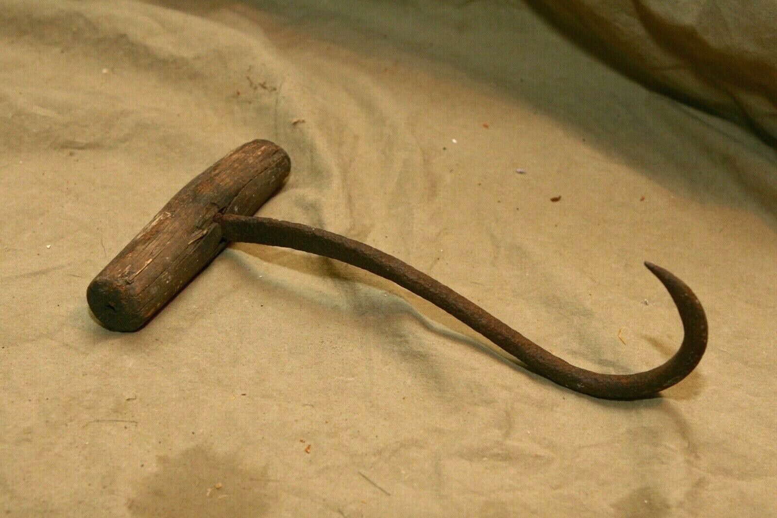 Primitive Antique 18-19th C Hay Hook Tool Hand Wrought Iron Turned Wood ...