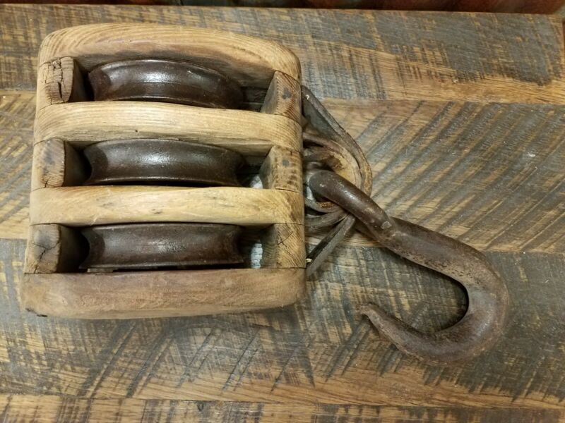 Rare Large Wooden Pulley Triple Rope Carrying Trolley Steel Hook All ...