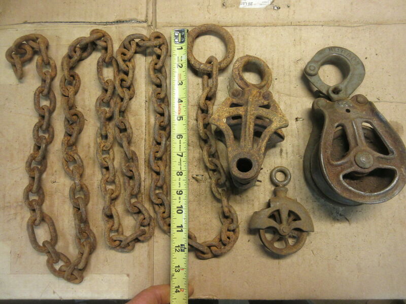 antique vintage iron pulleys & chain rustic cabin garden decor old farm ...