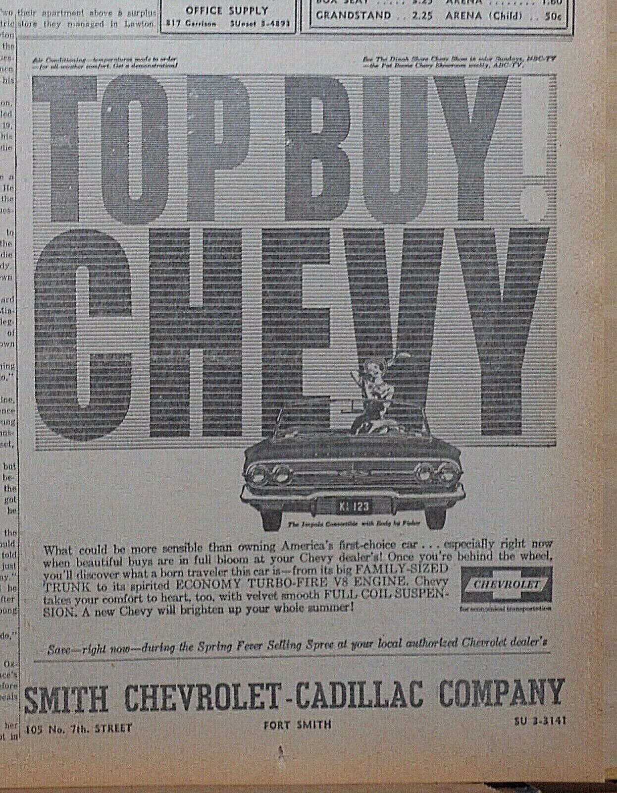 1960 newspaper ad for Chevrolet - Impala Convertible Top Buy, brighten ...