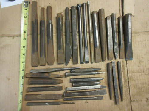 vintage lot of 31 cold chisels drift pins center punch stone carving ...