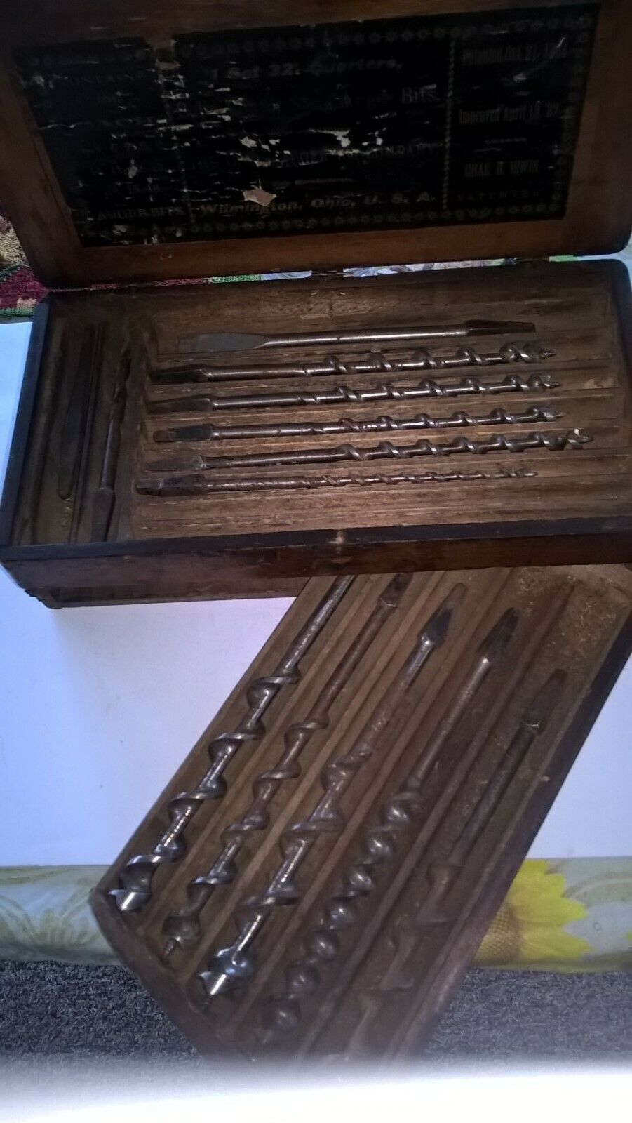 Vintage Irwin auger bit Wooden storage case with some bits Pat''d. Oct ...