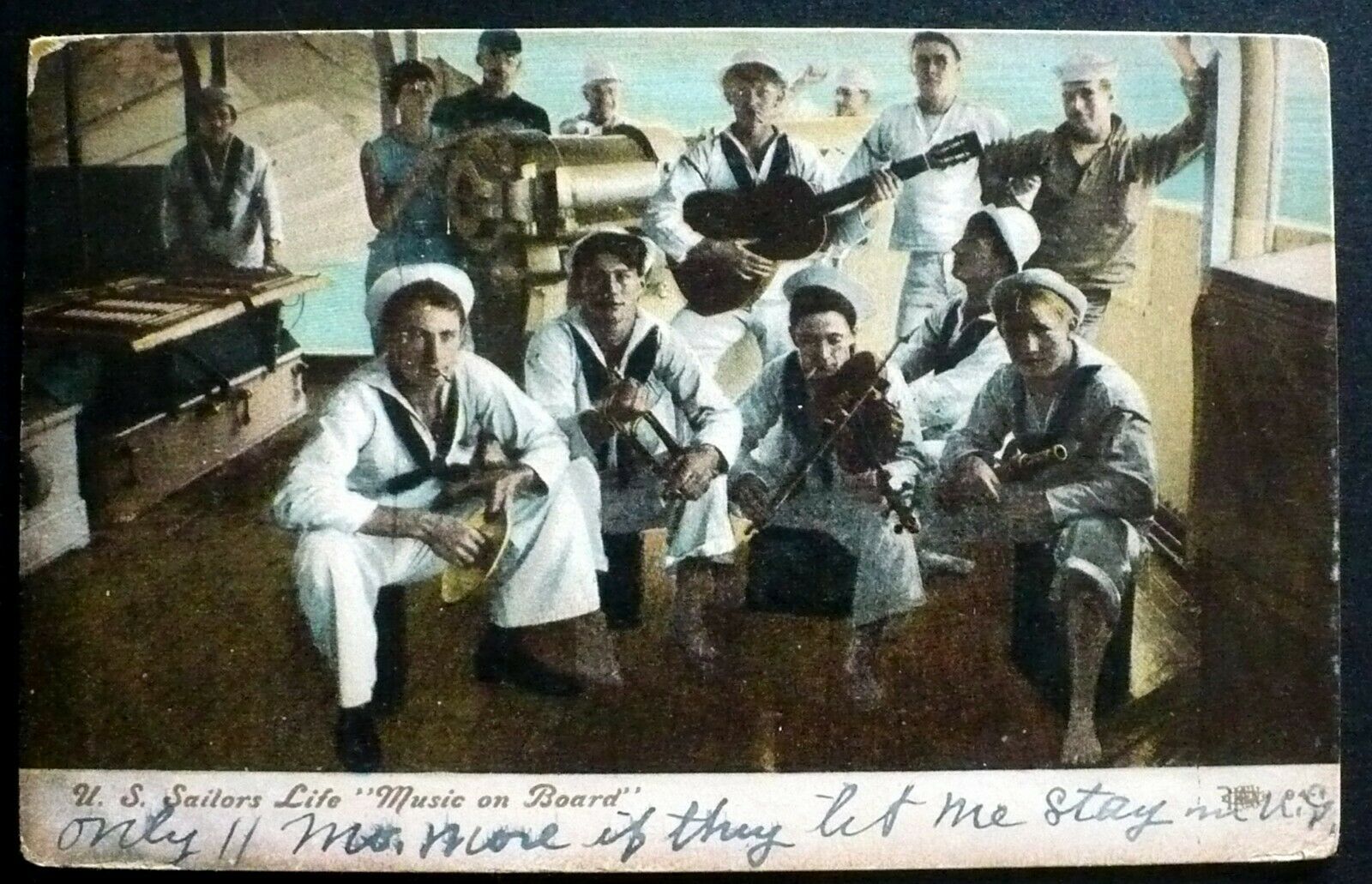 1909 U.S. Sailor Life, Music on Board Ship, Guitar Bugle Fiddle Flute ...