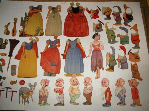 1938 Original Walt Disney Snow White 7 Dwarfs Paper Cut Out Dolls 