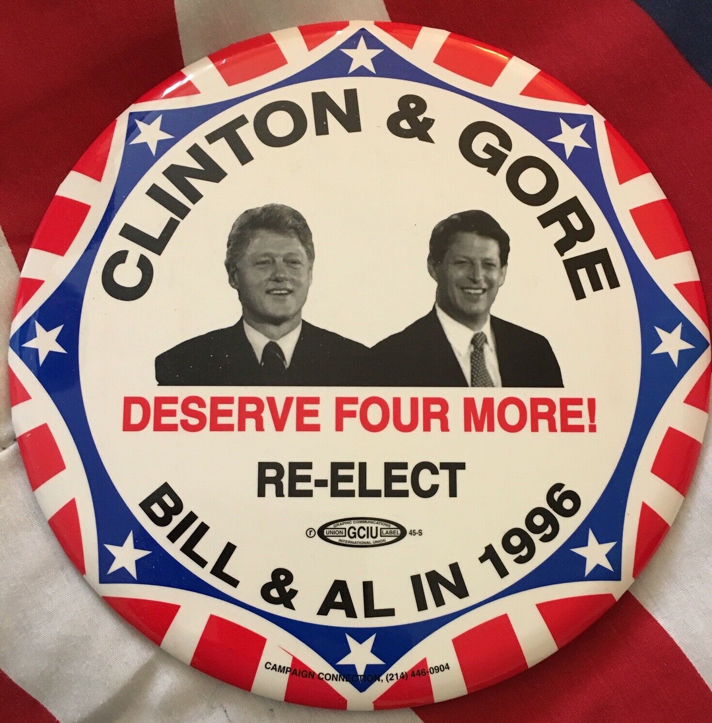 9" Clinton and Gore Deserve Four More Re-Elect in 1996 Campaign Pin ...