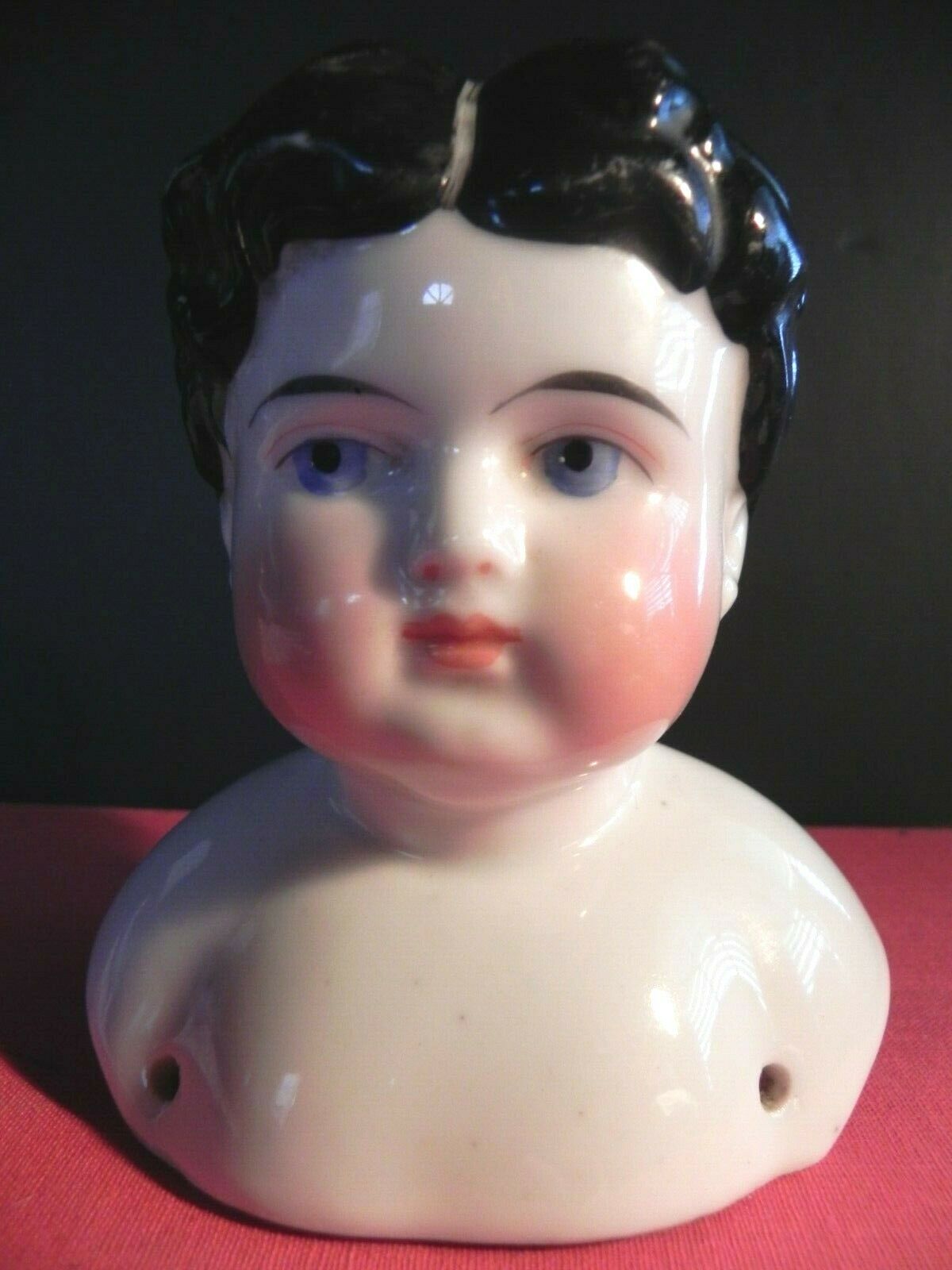 Antique German Doll Head Blue Eyes Black Hair 4 5 Tall Antique