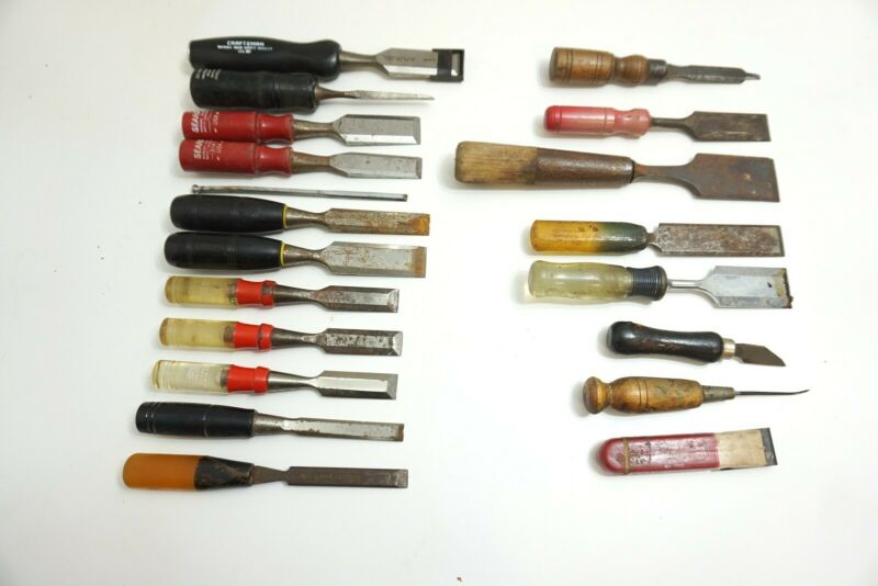 LOT OF 20 VINTAGE & ANTIQUE WOOD CHISELS STANLEY, CRAFTSMAN, FULLER ...