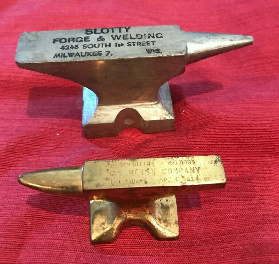 2 Antique Miniature Anvil Blacksmith Forge Advertising WISCONSIN ...