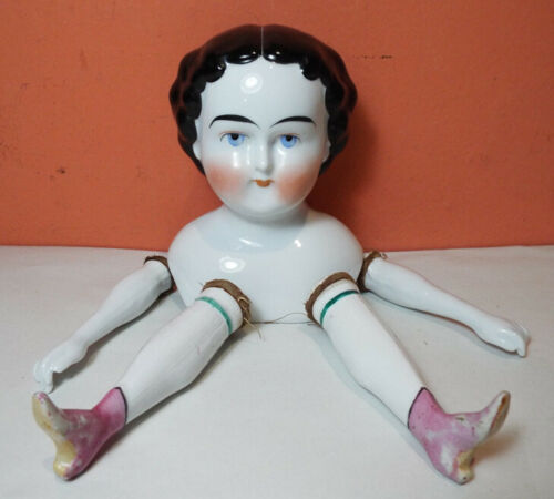 Antique China Doll Porcelain Black Hair Head Bust Shoulders Arms Legs