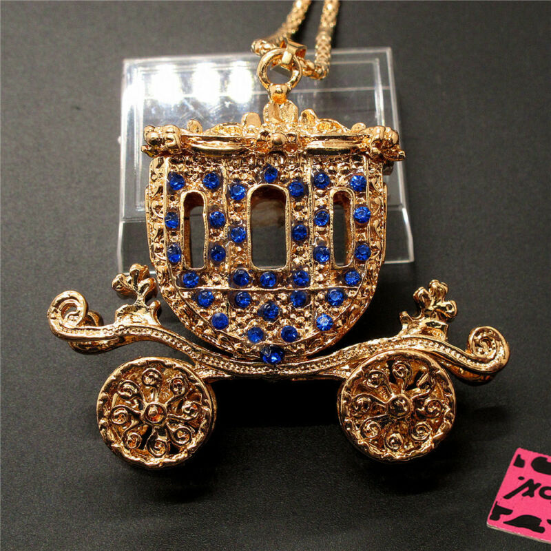 Betsey Johnson Blue Vintage Cute Pumpkin Car Crystal Sweater Chain Necklace -- Antique Price ...