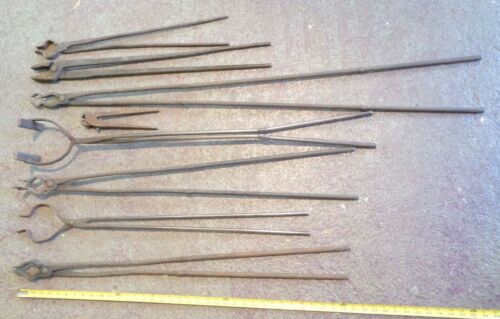 lot of 7 long BLACKSMITH TONGS adapted WELDED EXTENSIONS (some ATHA ...