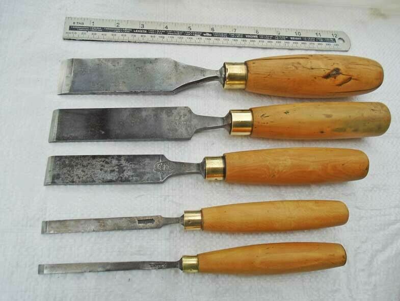 Vintage QUINTET of Boxwood Firmer Chisels WARD, MARPLES, et al Old Tool ...