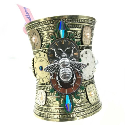 NEW LOUISE PRINGLE Gold Coloured Cuff Antique Vintage Clocks Bug Insect ...