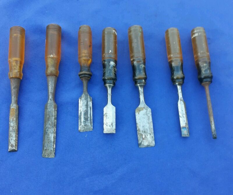 Lot Of 7 Vintage Mixed Wood Chisels - Stanley Lakeside Defiance Amber ...