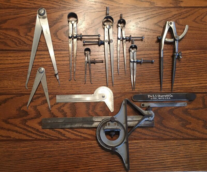 OLD USED VINTAGE TOOLS MACHINIST SPRING CALIPERS, DIVIDERS, PROTRACTOR ...
