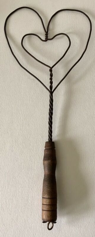 Antique Folk Art Primitive Heart Rug Beater Wooden Wood Handle Twisted ...