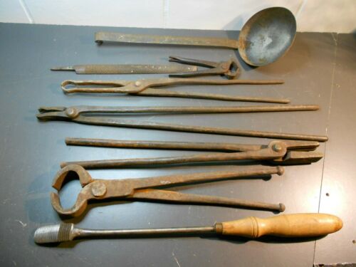 Lot of Vintage Blacksmith Tongs Nippers Rasp Ladle Soldering Iron ...