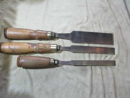 WOOD HANDLE CHISELS 3 LARGE WOOD CHISELS 12-14" LONG 5/8", 7/8" and 1 1 ...