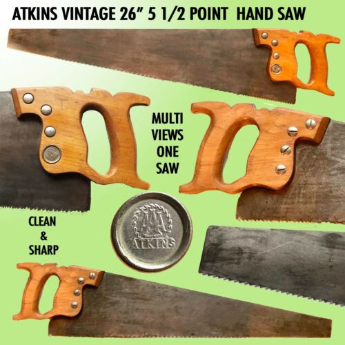 ATKINS VINTAGE 26 INCH 51/2 POINT HAND SAW RIP SAW VERY CLEAN WITH OAK ...
