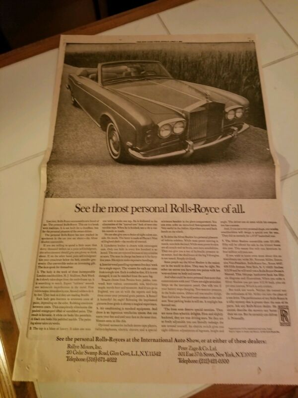 1969 ROLLS ROYCE SILVER SHADOW CONVERTIBLE NEWSPAPER AD -- Antique ...