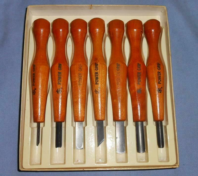 Boxed Set of 7 Japanese Power Grip Wood Carving Chisels Vintage Tools ...