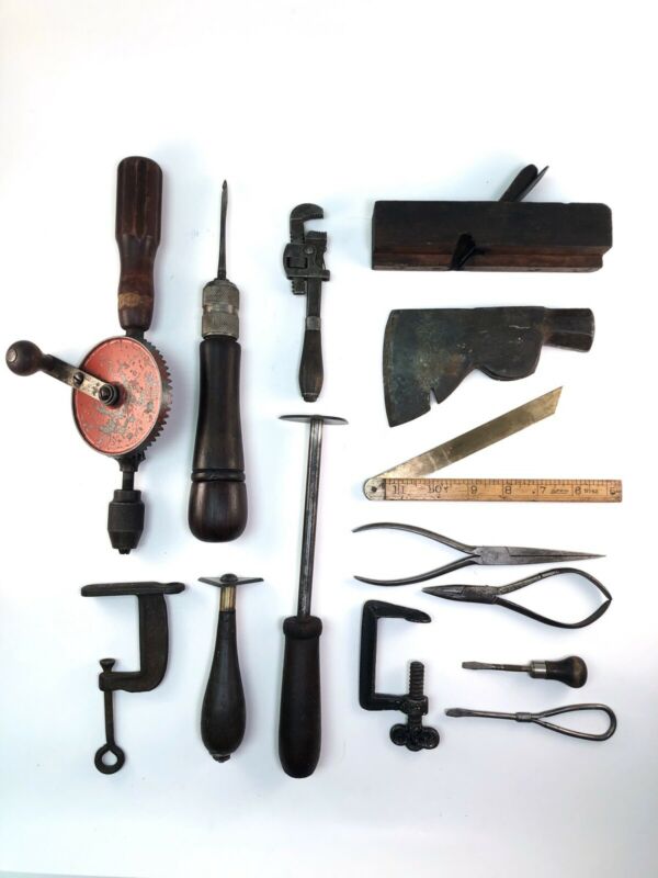 Assorted Lot 14 Vintage Tools: Wrench, Multi Tool, Rule, Drill, Plane ...