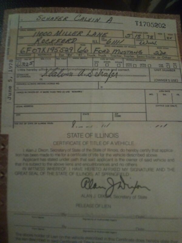 Vtg Car Title Illinois 1966 Ford mustang 2 dr Historical Document ...