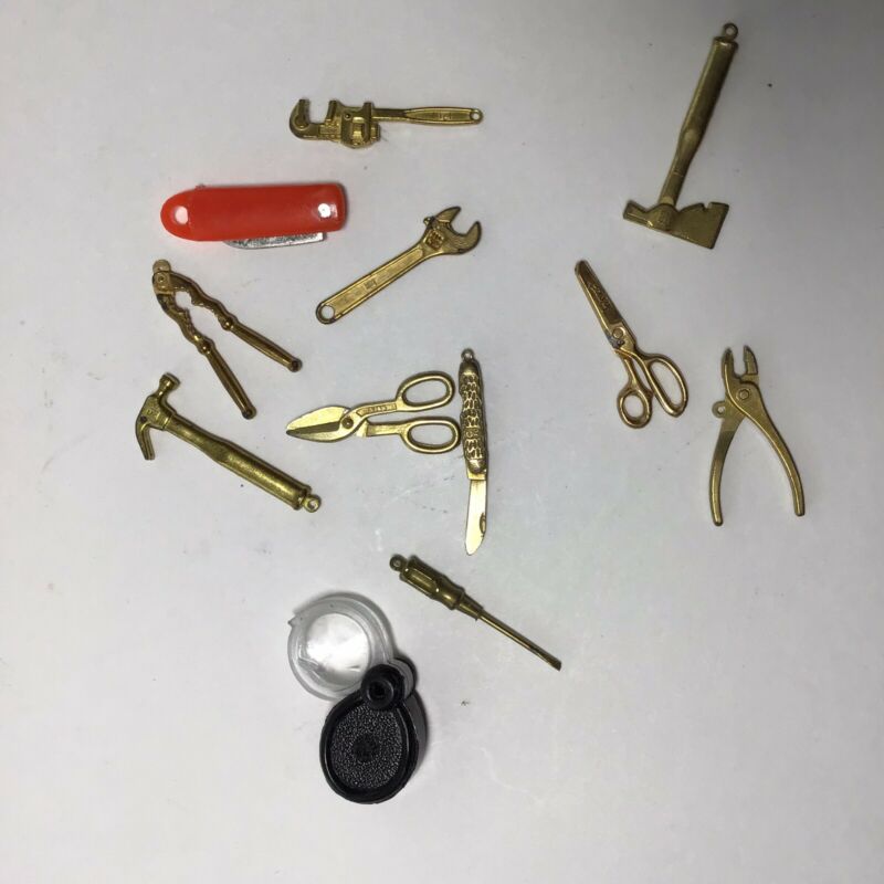 Vintage Intercast Miniature Brass Tools 1960s Set -8 Articulated Charms ...
