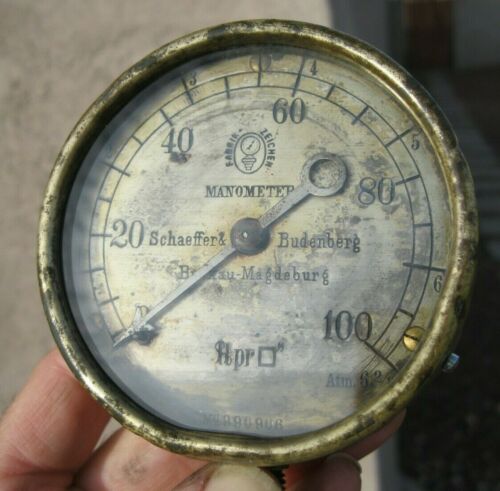 ANTIQUE BRASS SCHAEFFER & BUDENBERG Manometer pressure gauge. Buckau ...