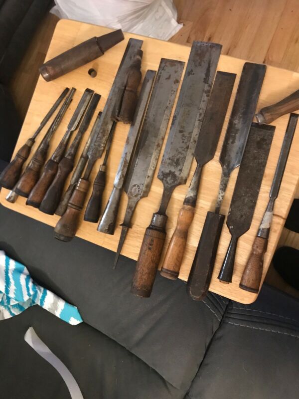 Lot Of 15 Vintage Wood Chisels And Gouges, Rusted And Worn, D.R. Barton ...