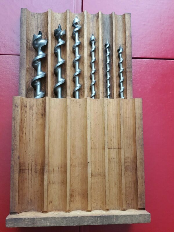 Vintage Set of Ford Auger Bit Brace Drill Bits Wooden Holder- Patented ...