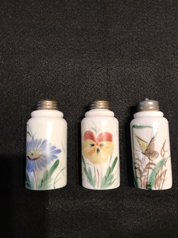 3 Victorian EAPG Challinor Taylor Milk Glass Shakers with Handpainted ... 3 Victorian EAPG Challinor Taylor Milk Glass Shakers with Handpainted ...