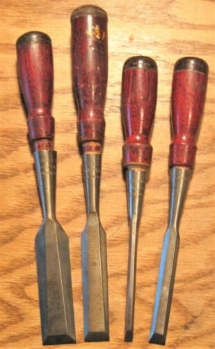 Vintage 4 Stanley No. 750 chisels, handles. Part of a much larger lot ...