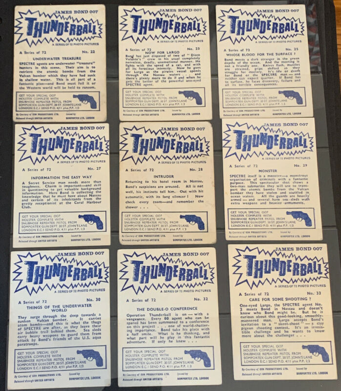 9 x Thunderball Somportex James Bond Bubblegum cards (Good Condition ...