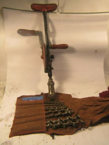 VINTAGE GOODELL-PRATT BREAST DRILL WITH 9 pc LAKESIDE AUGER WOOD BITS ...