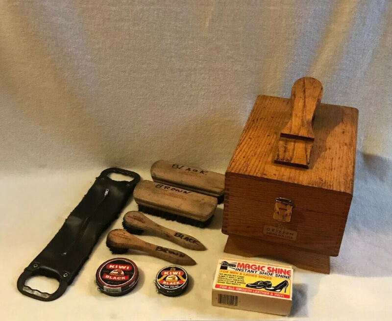 Vintage Griffin Shinemaster Oak Wooden Shoe Shine Hinged Box & Extras ...