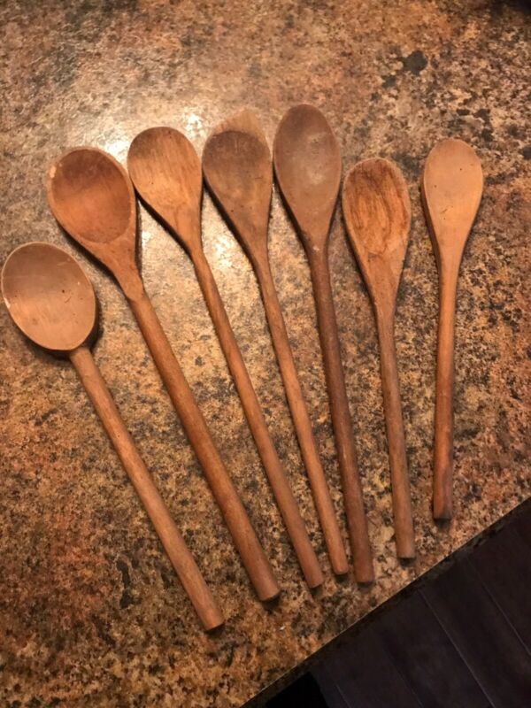 Primitive Lot Of 7 Old Wooden Spoons -- Antique Price Guide Details Page