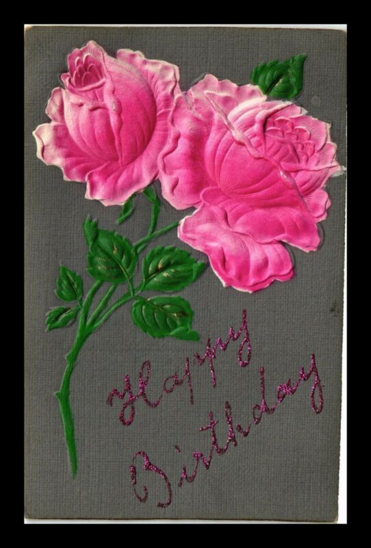 US POSTCARD EMBOSSED PINK ROSES IN BLOOM HAPPY BIRTHDAY GLITTER WRITING ...