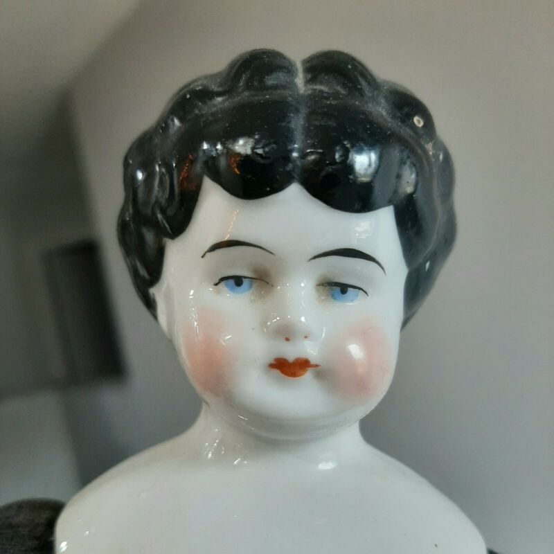 Antique German China Shoulder Plate Head Doll Black Hair Marked Germany